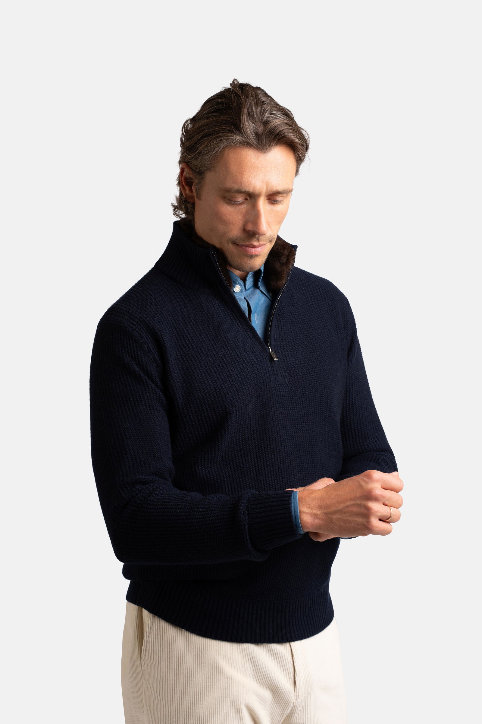 Half Zip Fur Collar Navy - Sweaters - Cavour
